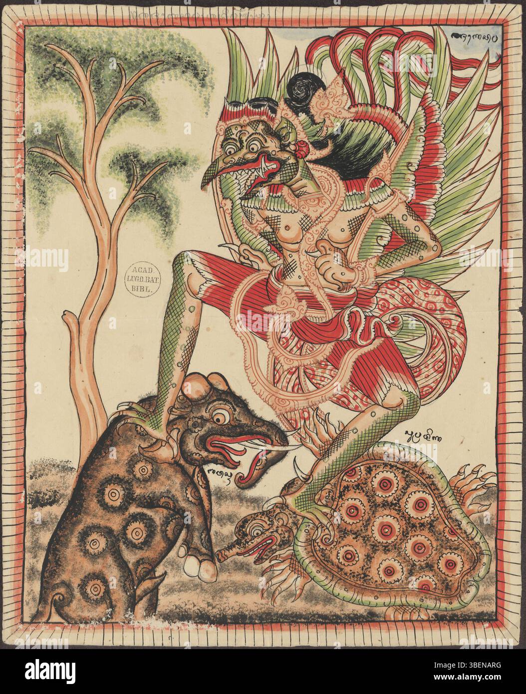This Balinese drawing shows Garuda holding both the elephant Bawasu and ...