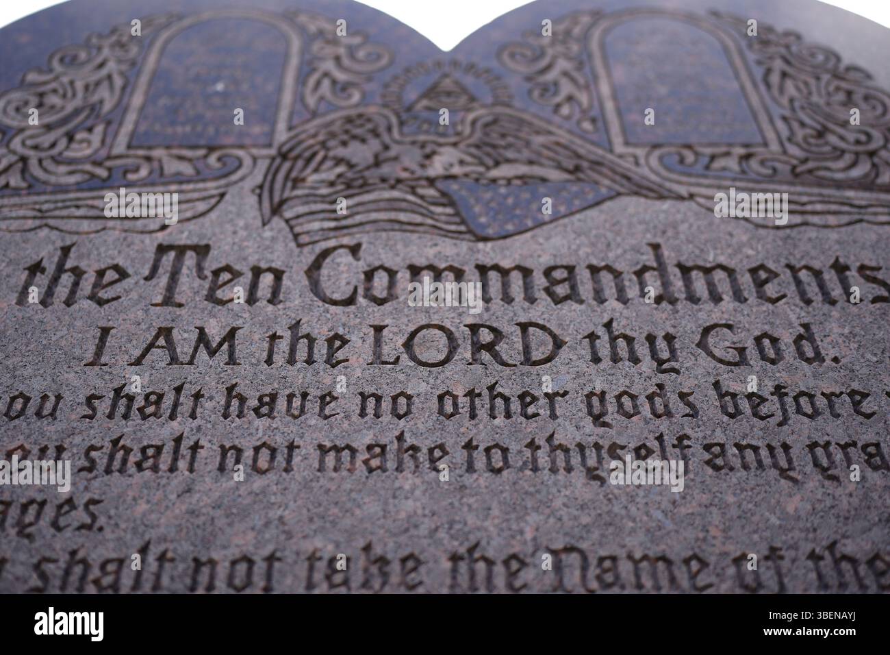 A granite Ten Commandments monument stands on the ground of the Texas ...