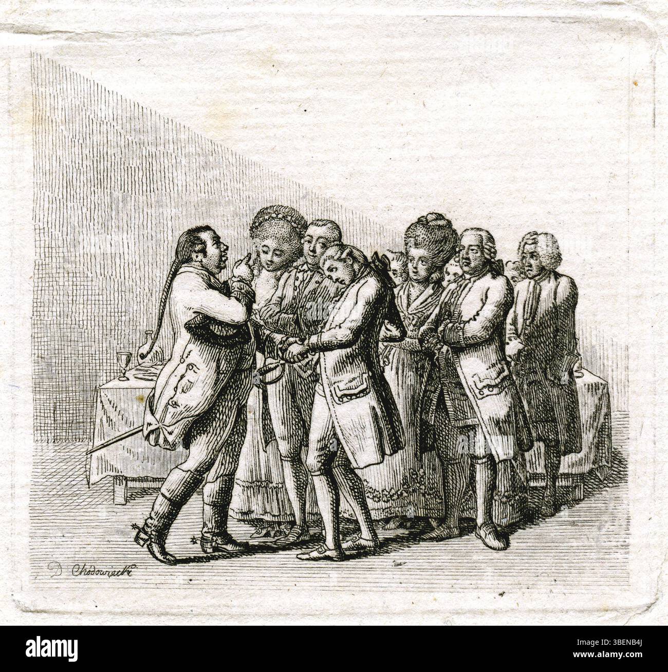 An illustration by Daniel Nikolaus Chodowiecki, showing men arguing ...