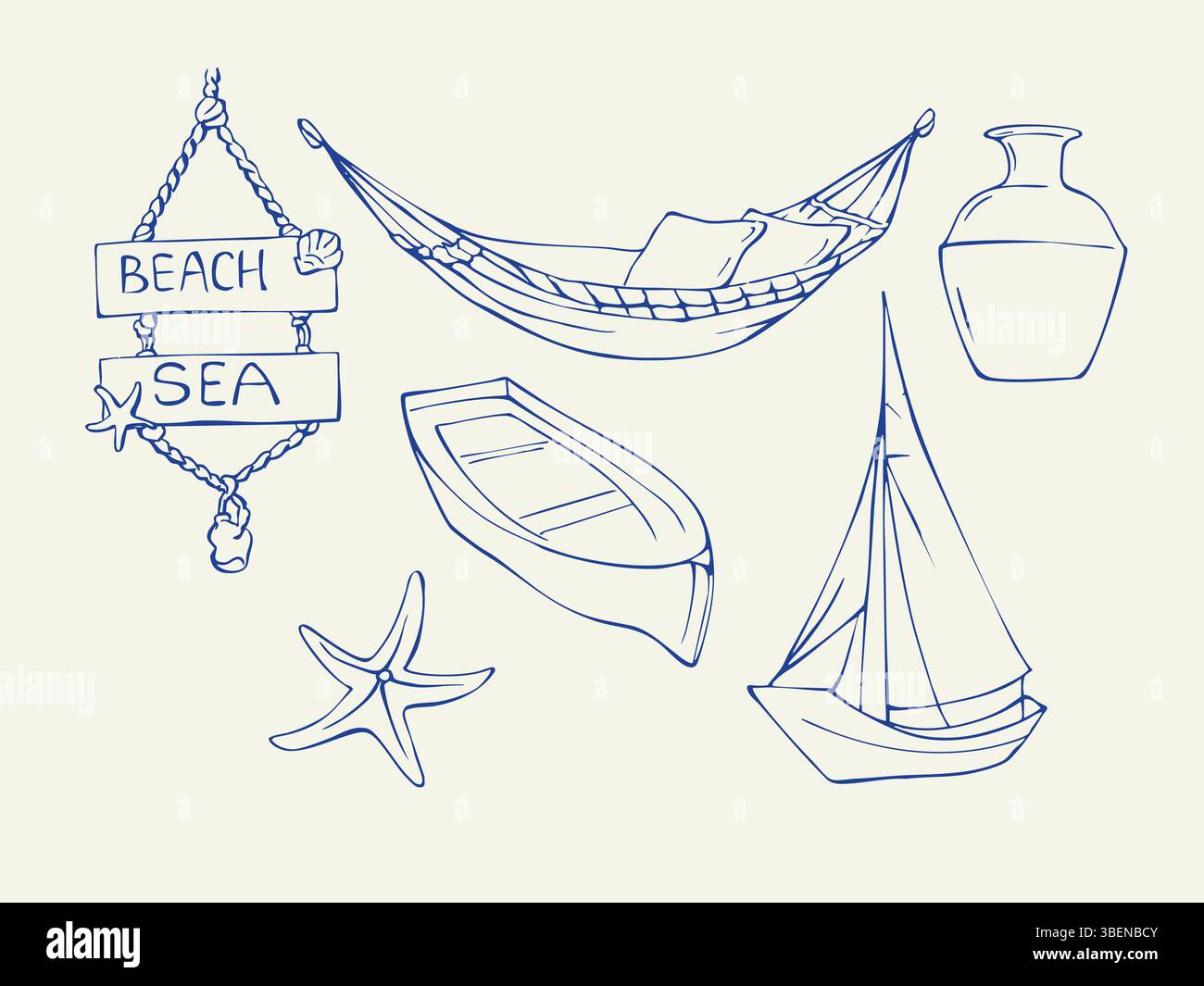 Set of sea beach doodles. Hand drawn outline sketches Stock Vector ...