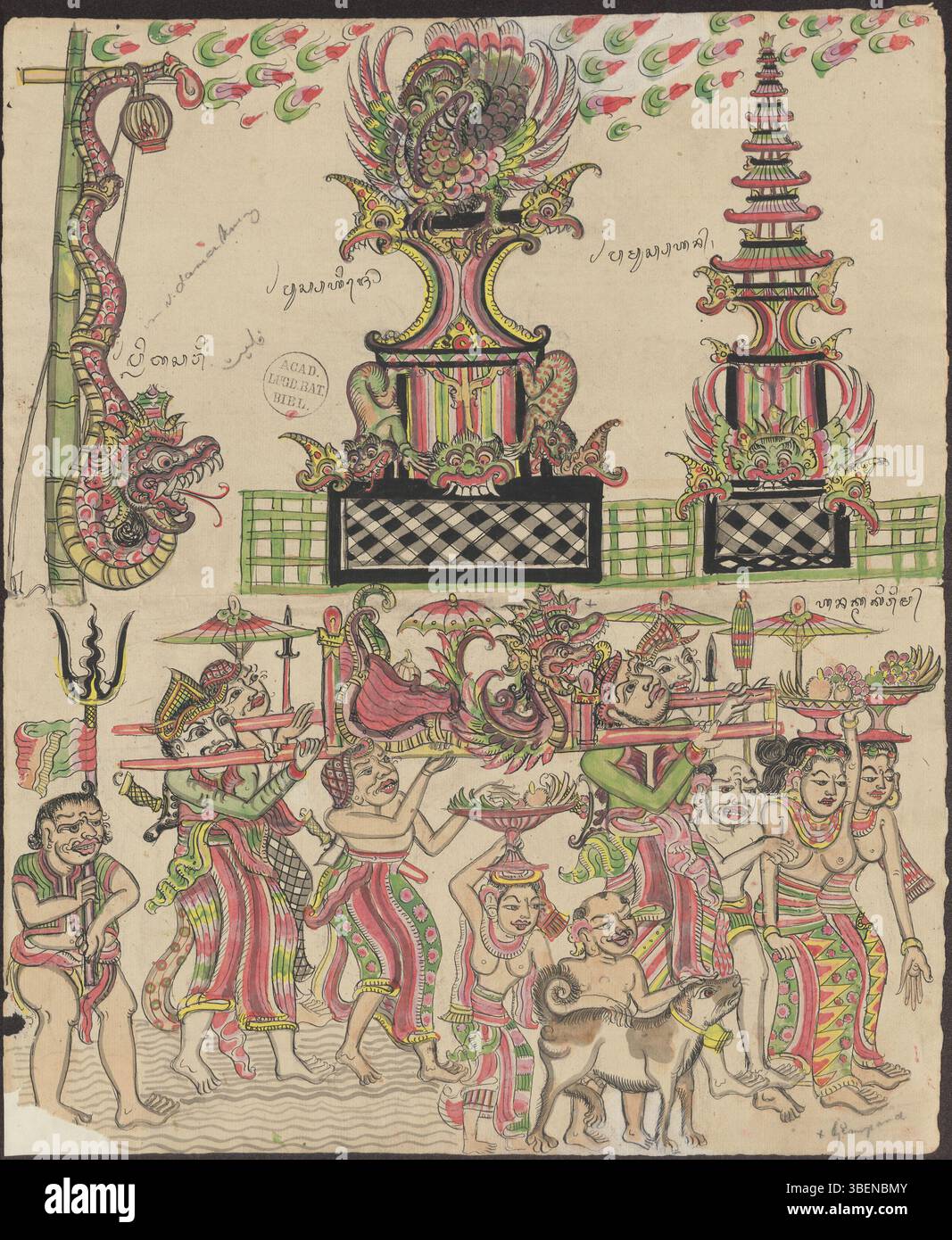 This Balinese drawing depicts ceremonial utensils like a lamp, soul ...