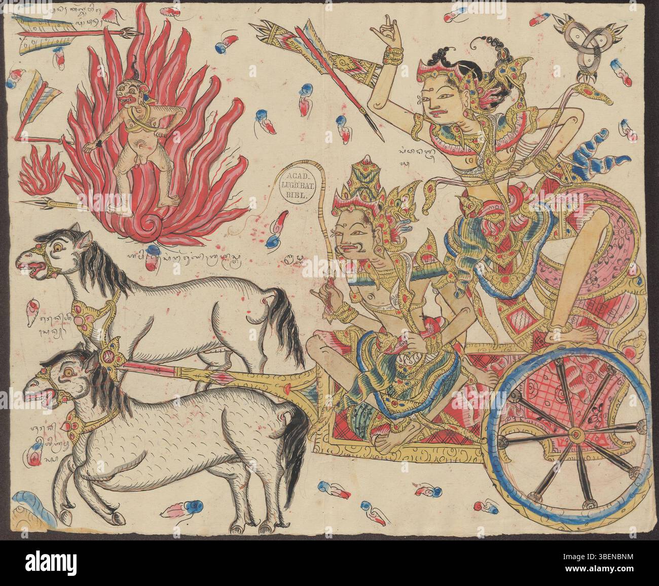 This drawing shows Arjuna shooting from his chariot, which is driven by ...