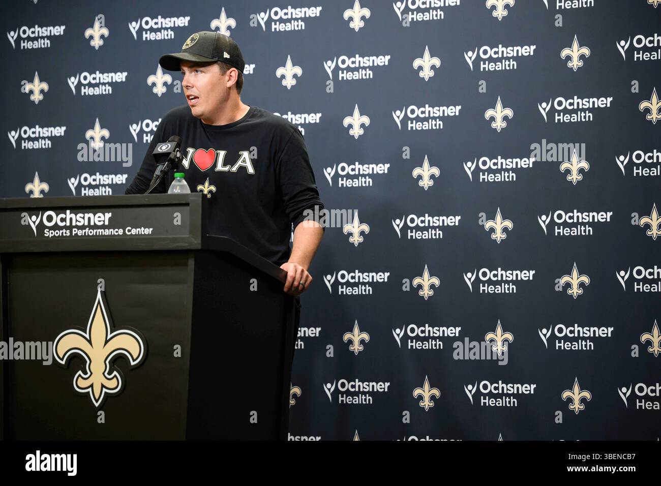 New Orleans Saints head coach Kellen Moore speaks during a press ...