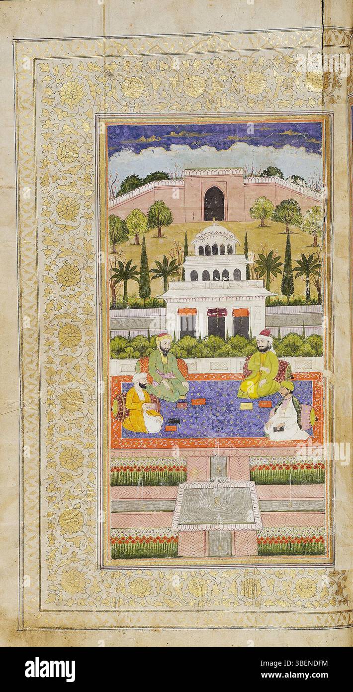 This manuscript painting of Abul Fazl, seated on a terrace with the ...