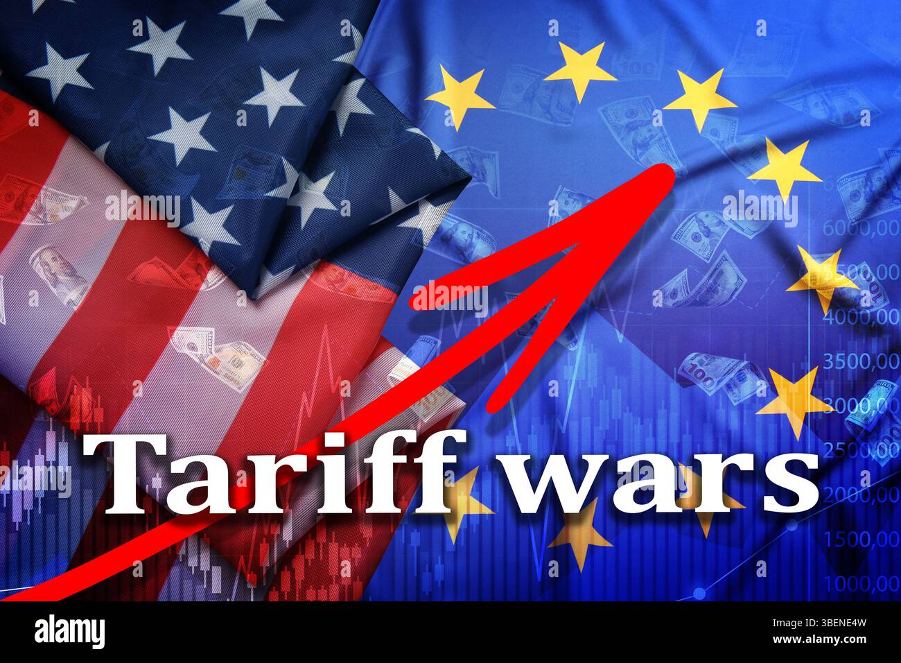 Tariff wars. Flags of America and European Union, falling dollars ...