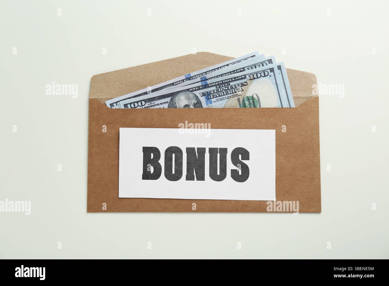Bonus. Envelope with dollar bills on white background, top view Stock ...