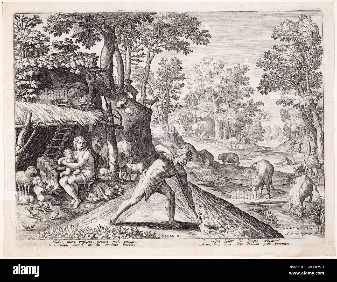 Johannes Sadeler's engraving 'Adam en Eva aan het werk' depicts the ...