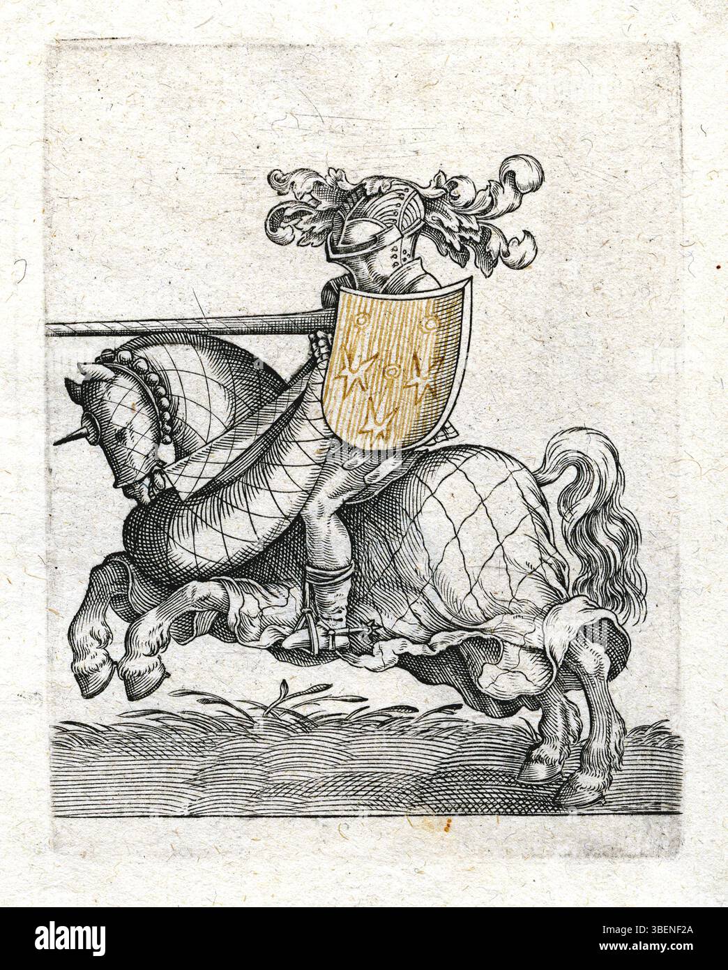 The engraving by Johann Theodor de Bry shows a knight on horseback ...