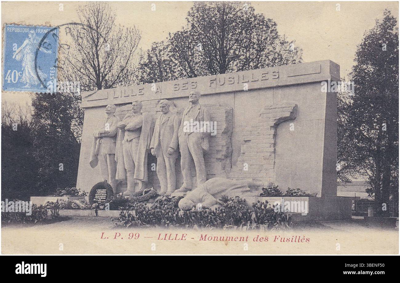 The 1929 postcard depicts the Monument des Fusillés in Lille, France ...