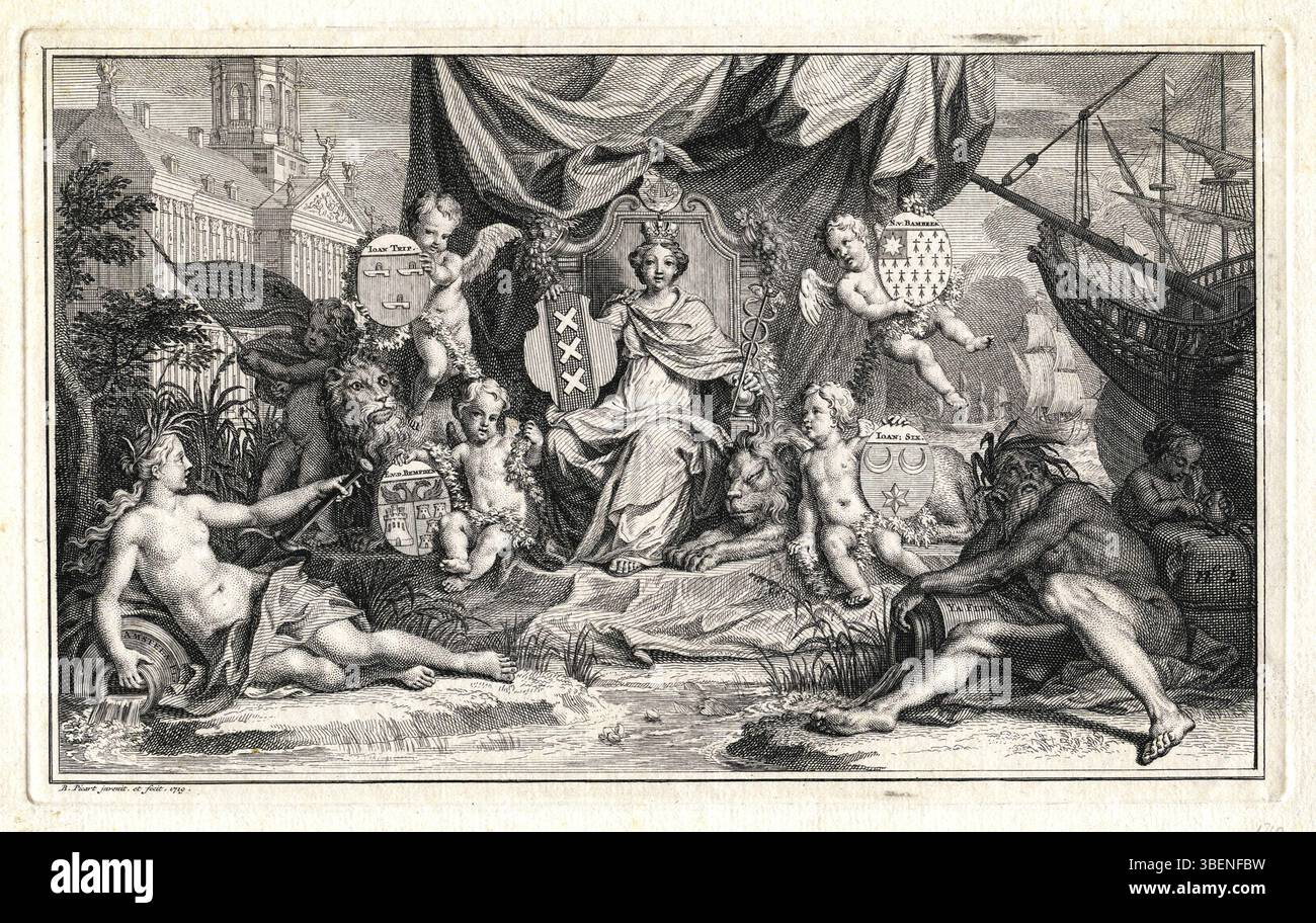 Allegorical engraving by Bernard Picart, depicting Amsterdam and four ...