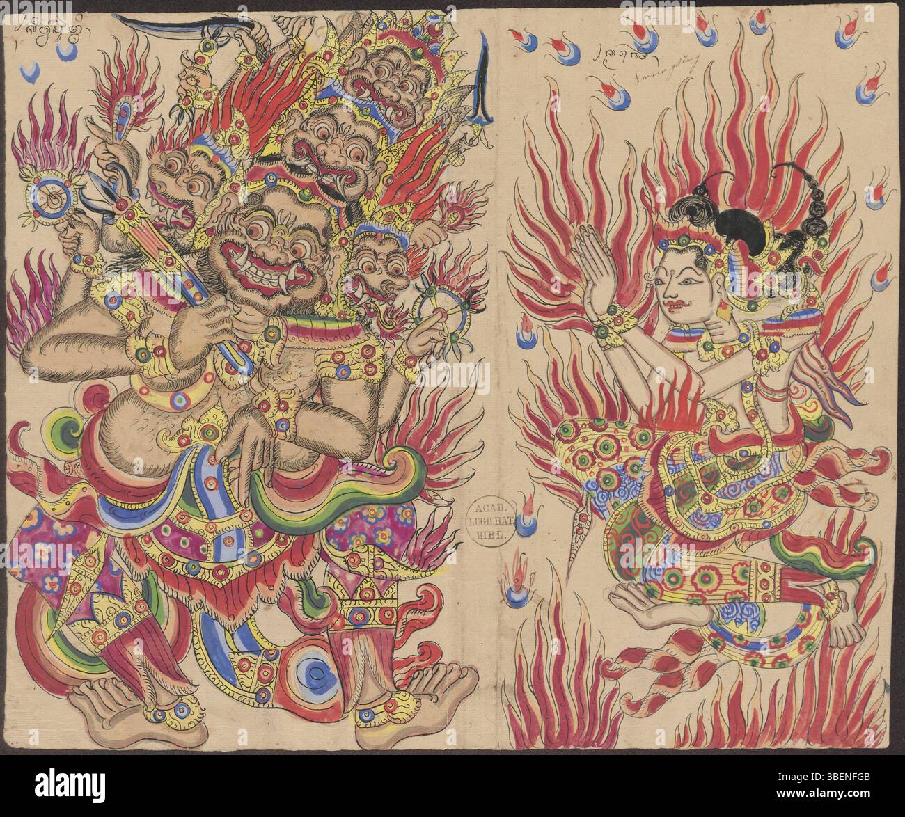 This drawing illustrates the burning of the god Smara by Siwa, a ...