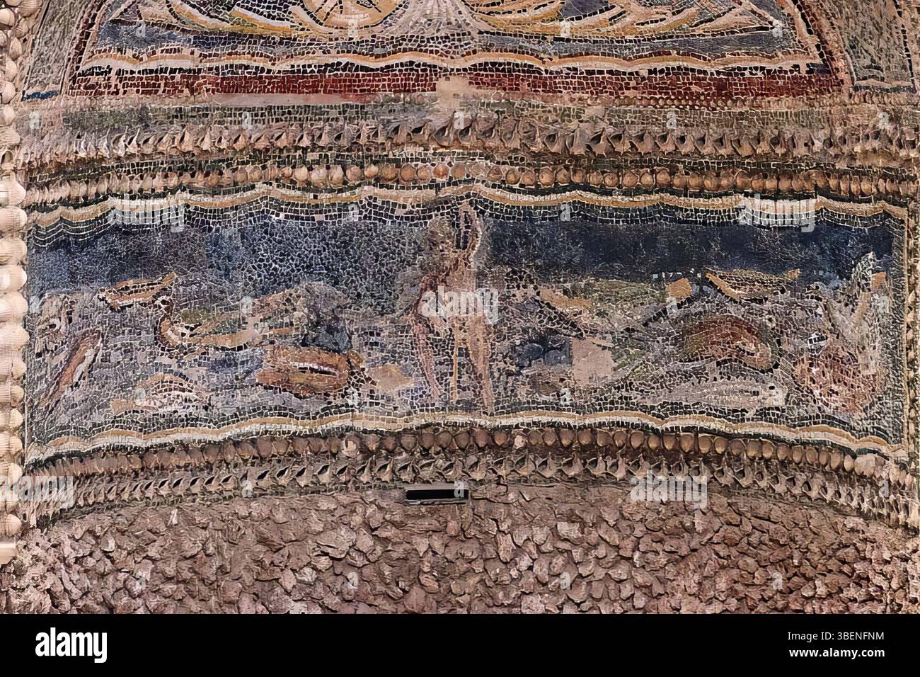 A detailed view of the lower center niche of the mosaic fountain in the ...