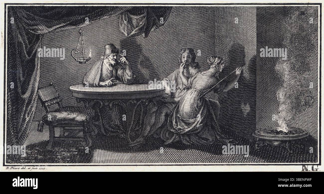 This artwork by Bernard Picart illustrates the Greek sculptor Butades ...