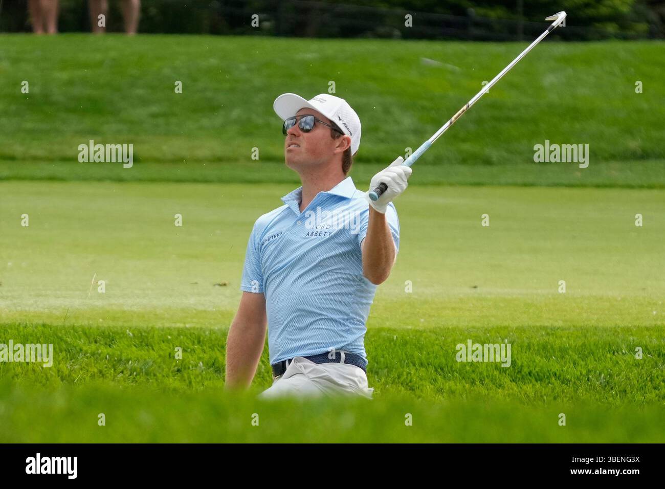 Ben Griffin watches his shot from the rough on the 10th fairway during the first round of the ...