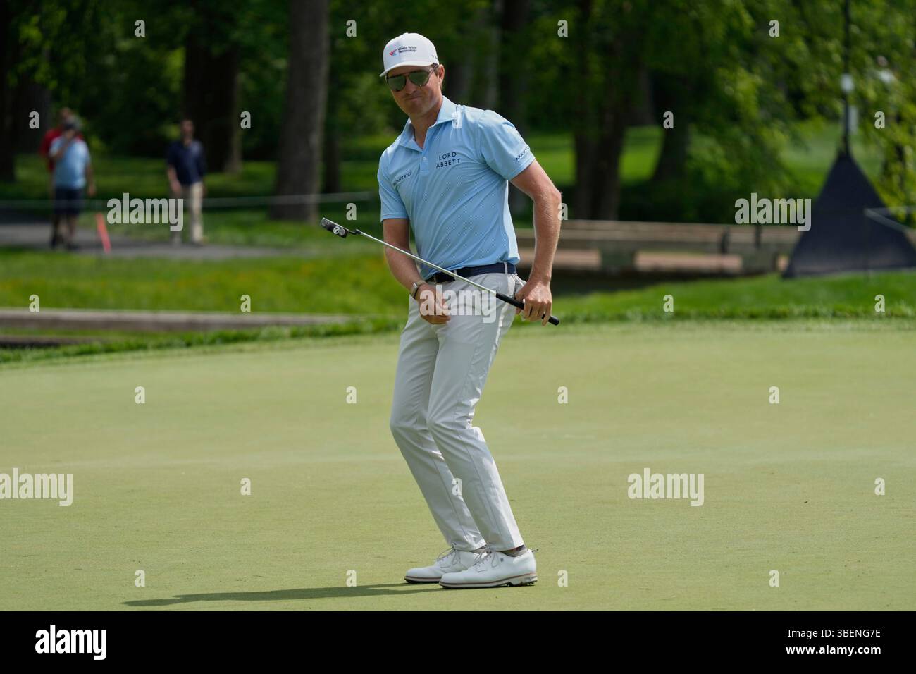 Ben Griffin reacts after missing a putt on the ninth green during the ...