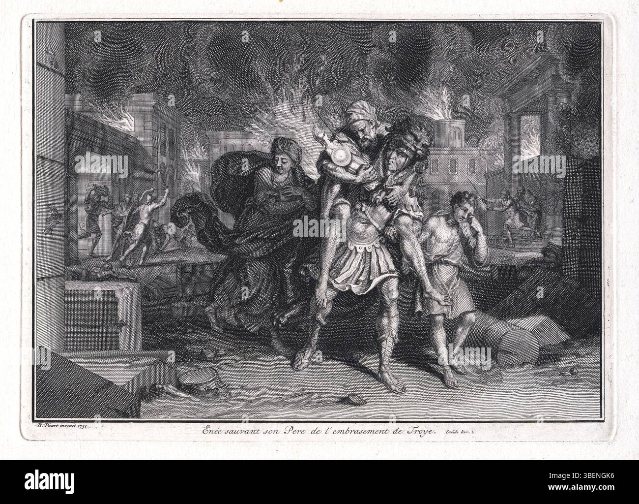 This image depicts Aeneas fleeing the burning city of Troy with his ...