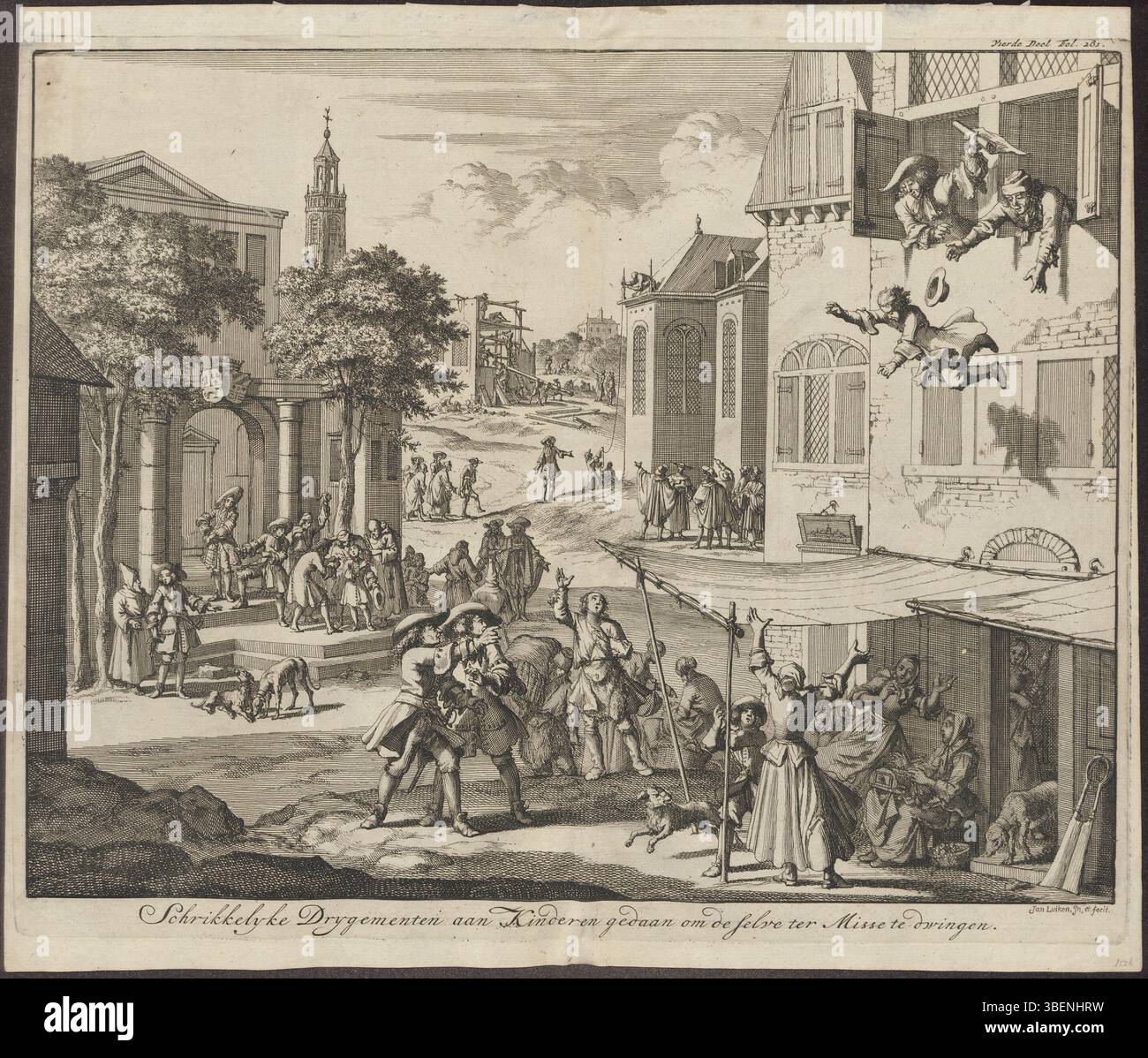 Historical engraving by Jan Luyken showing threats made to children to ...