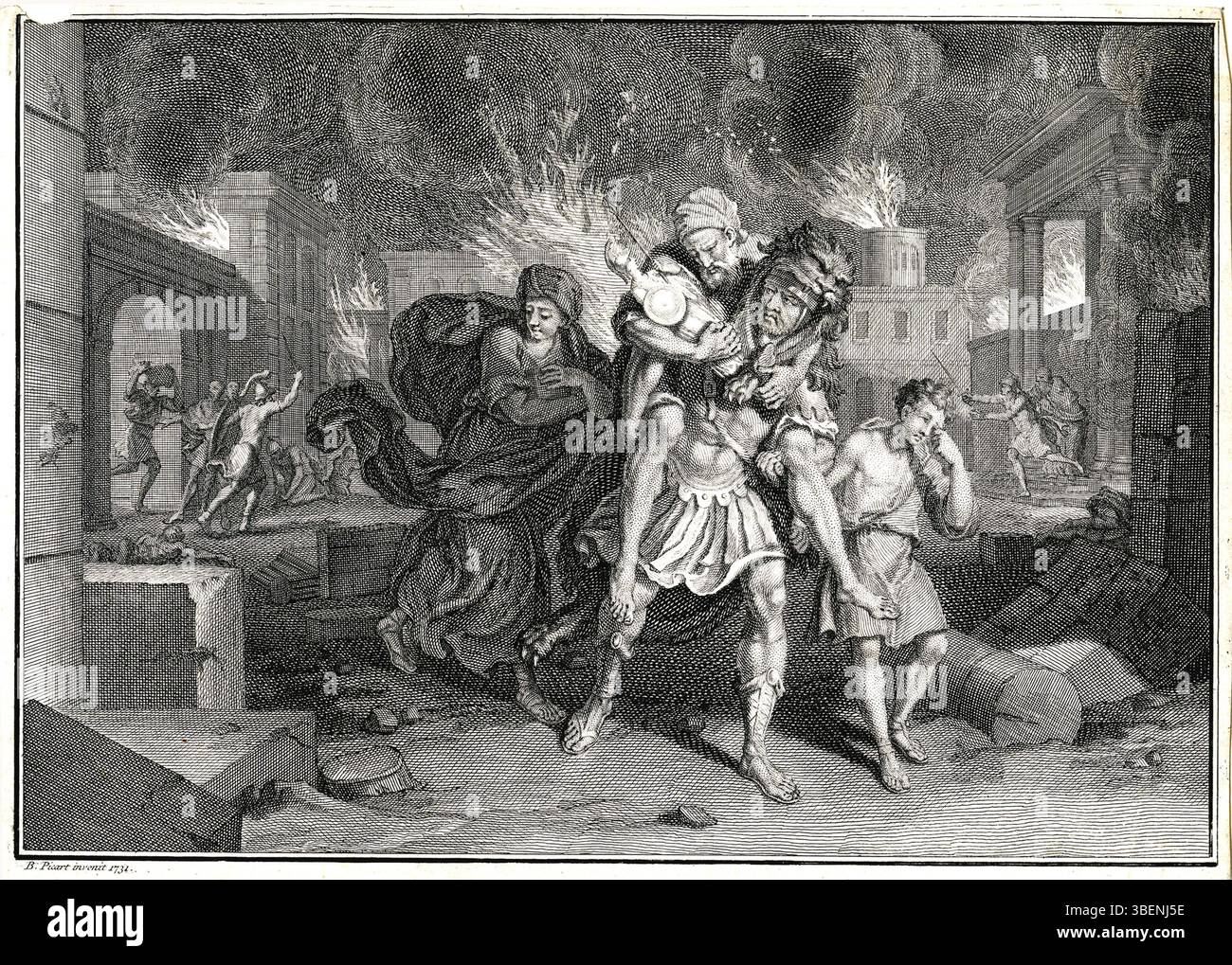 Bernard Picart’s engraving illustrates Aeneas fleeing the burning city ...