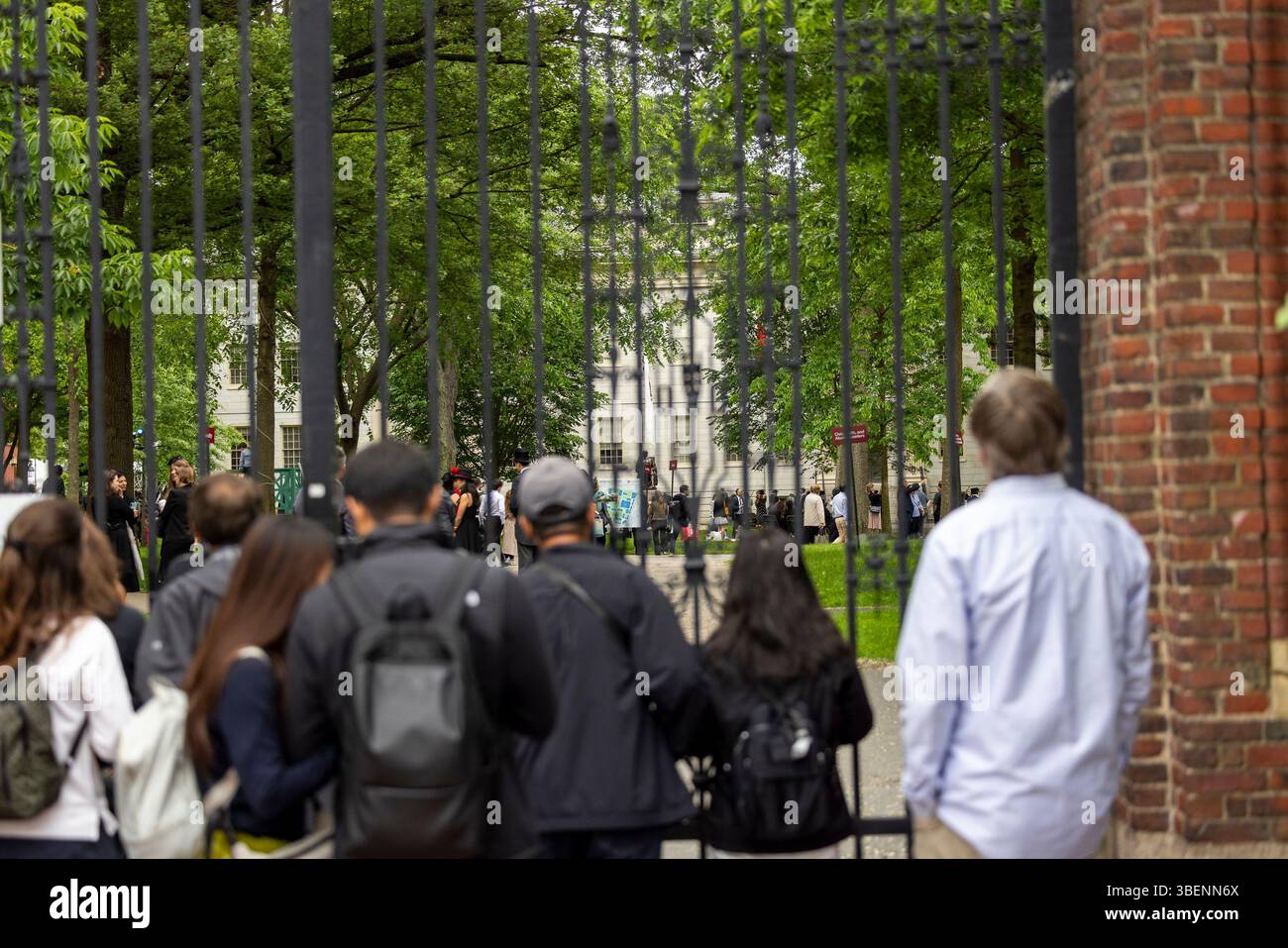 Crowds line up outside the campus to get a peak of Harvard University’s ...