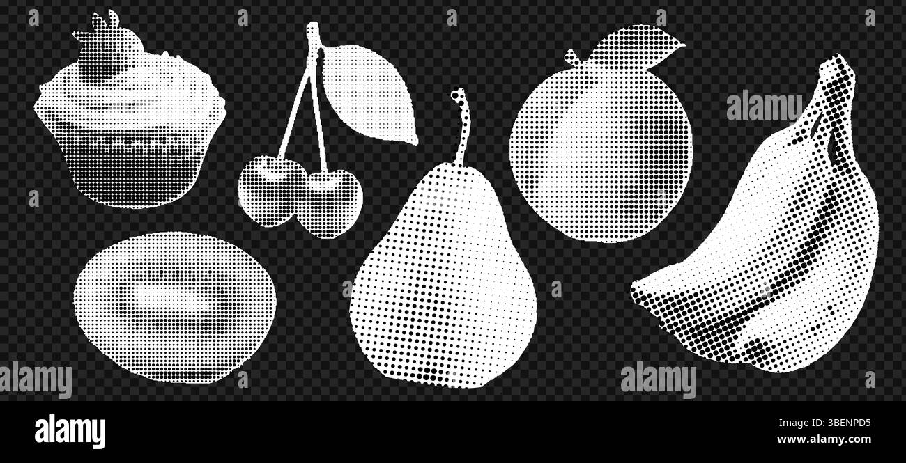 Halftone fruit and cupcake collage for creative design and pop art ...