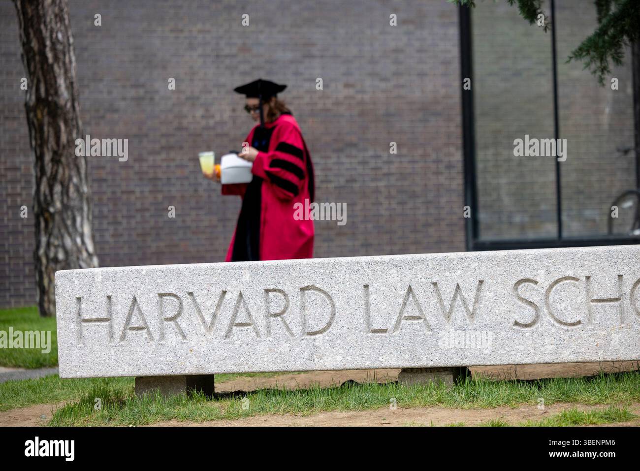 Cambridge, USA. 29th May, 2025. Harvard Law School signage is seen during Harvard University's ...