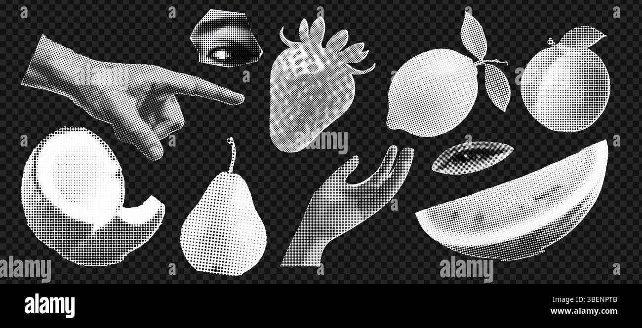 Halftone fruit and hands collage in pop art style for trendy dadaism ...