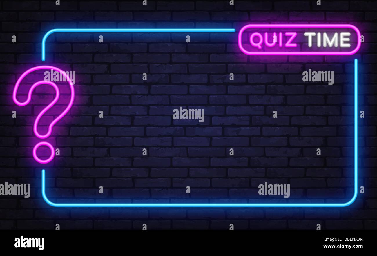 Dark neon template with pink question mark and quiz time tag, glowing ...