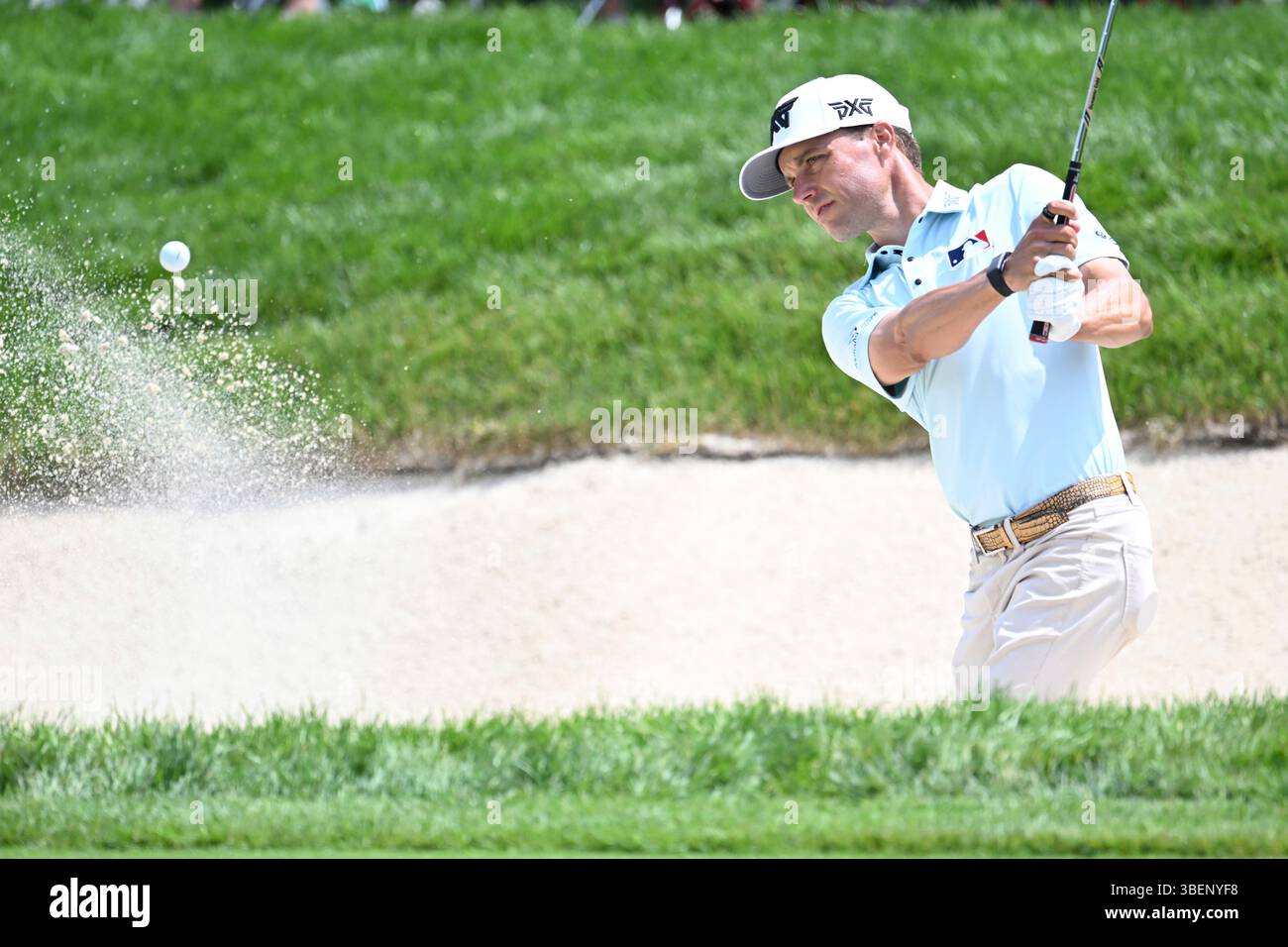 May 29, 2025: Eric Cole (USA) hits out of the bunker on the 14th hole ...