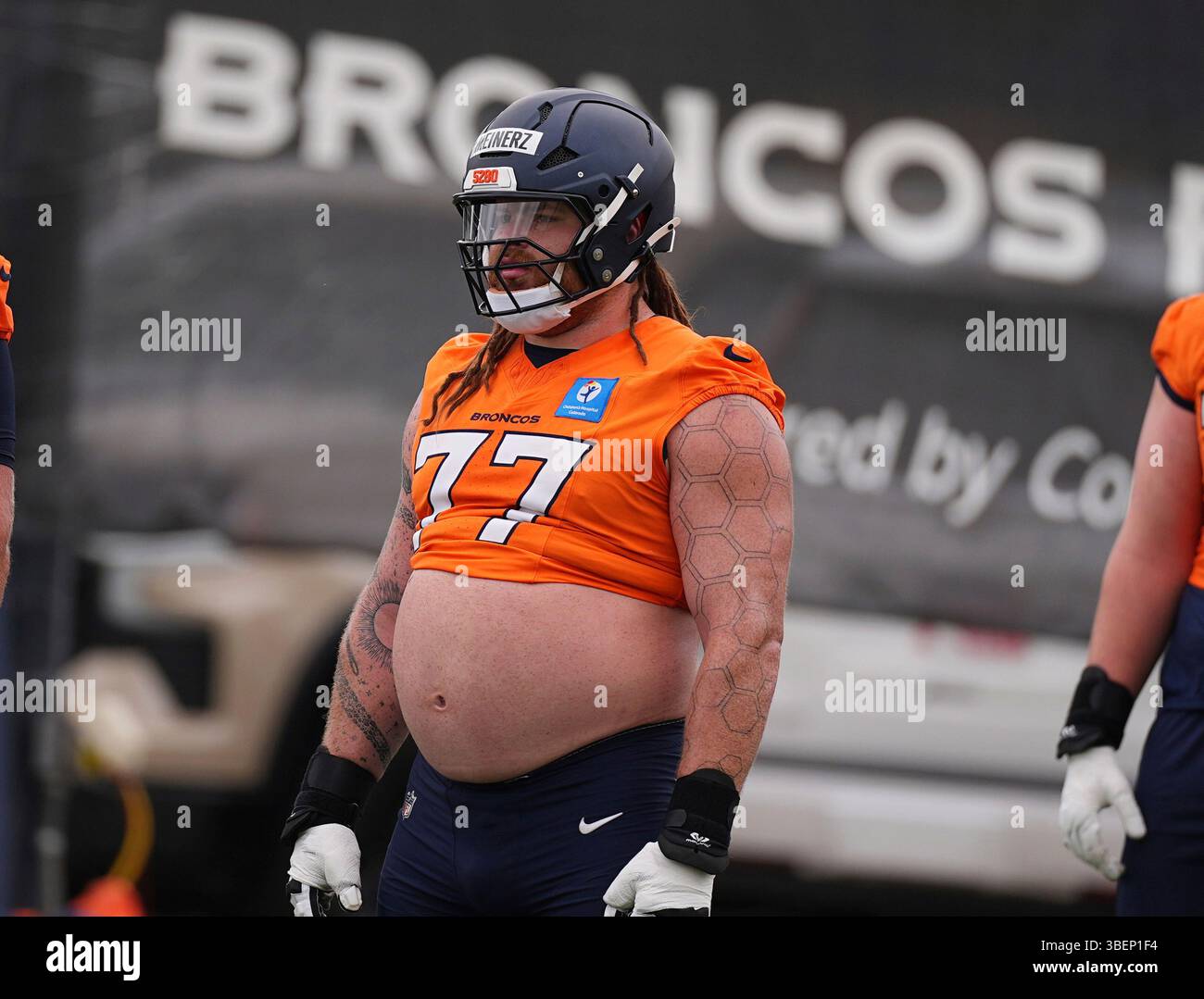 Denver Broncos guard Quinn Meinerz takes part in drills during NFL football practice, Thursday ...
