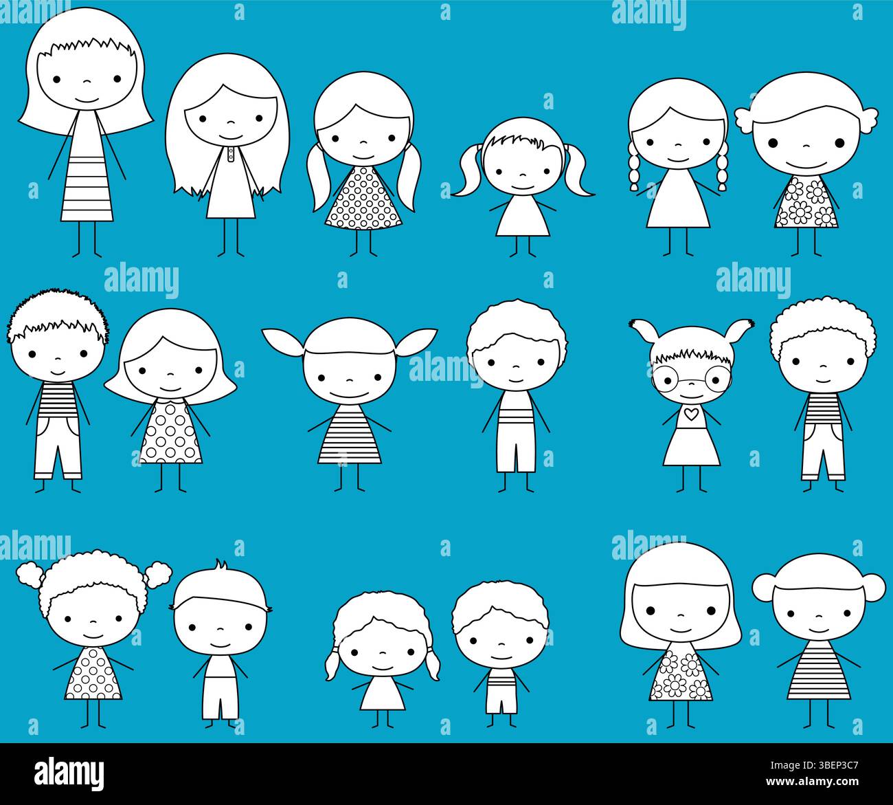 Vector set with cute stick figures - boys and girls in black and white ...