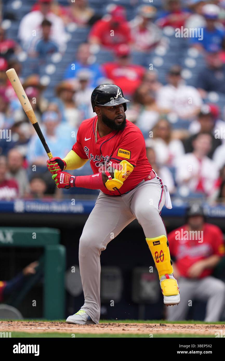 Atlanta Braves' Marcell Ozuna plays during the first baseball game of a ...
