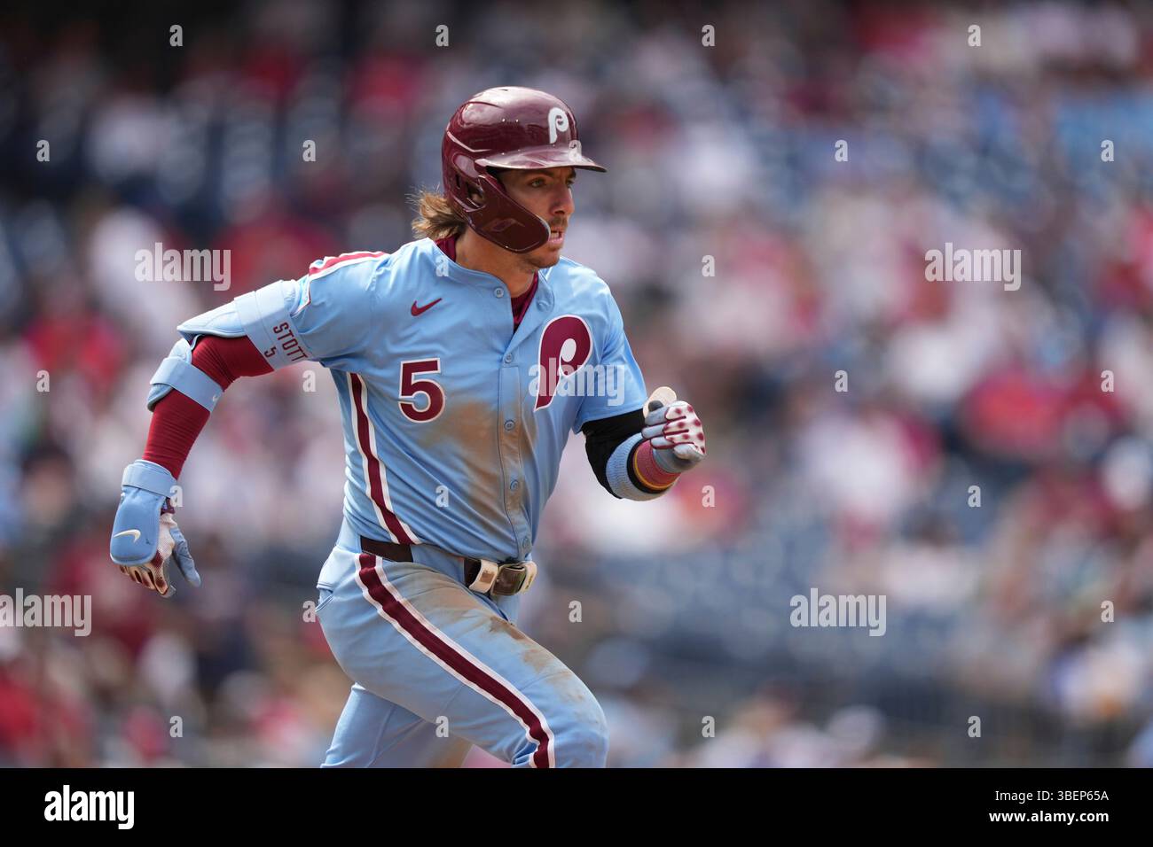 Philadelphia Phillies' Bryson Stott plays during the first baseball game of a doubleheader ...