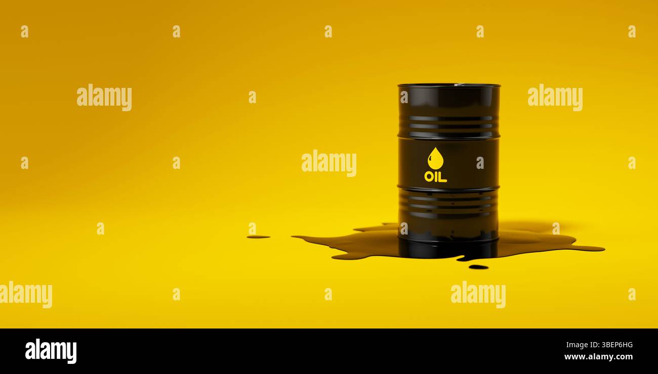 Single black metal oil barrel stand on spilled puddle of crude oil on ...