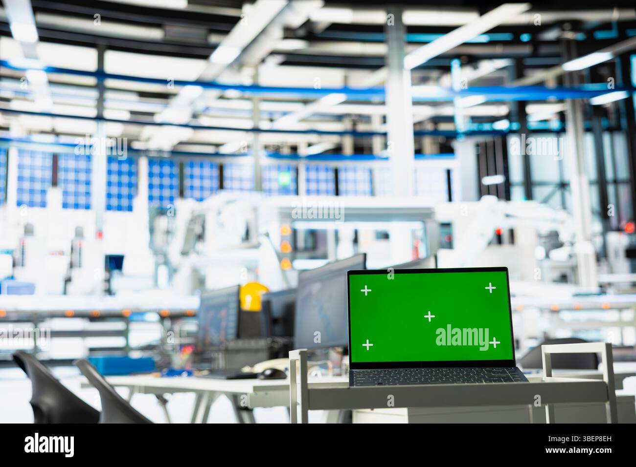 Isolated screen monitor in photovoltaics factory used to oversee ...