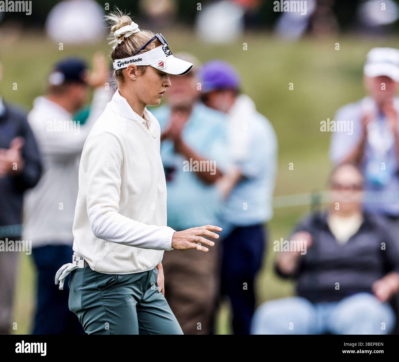 Nelly Korda of the US reacts to her putt on the 6th hole during the first round of the 2025 ...