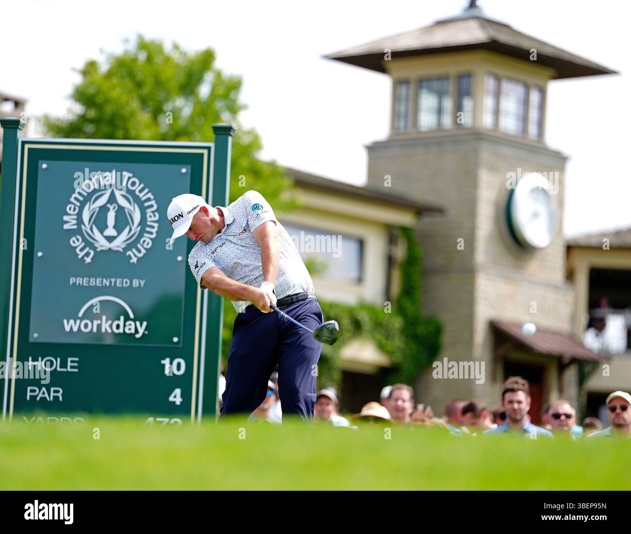 DUBLIN, OH - MAY 29: PGA golfer Sepp Straka plays his tee shot on the ...