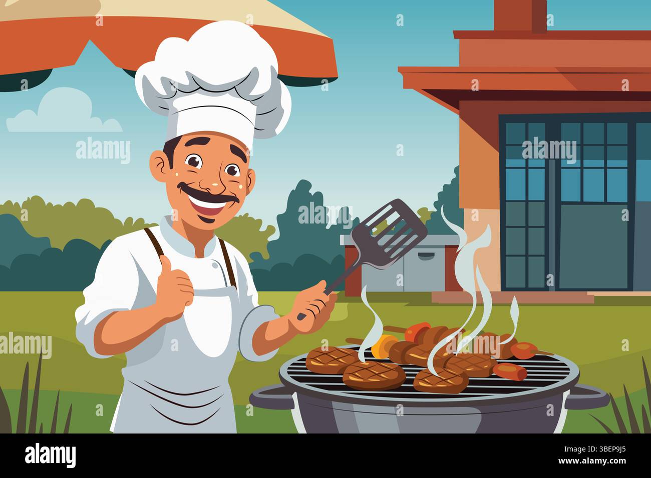 A vector illustration of Barbeque Chef Grilling Steak Stock Vector ...