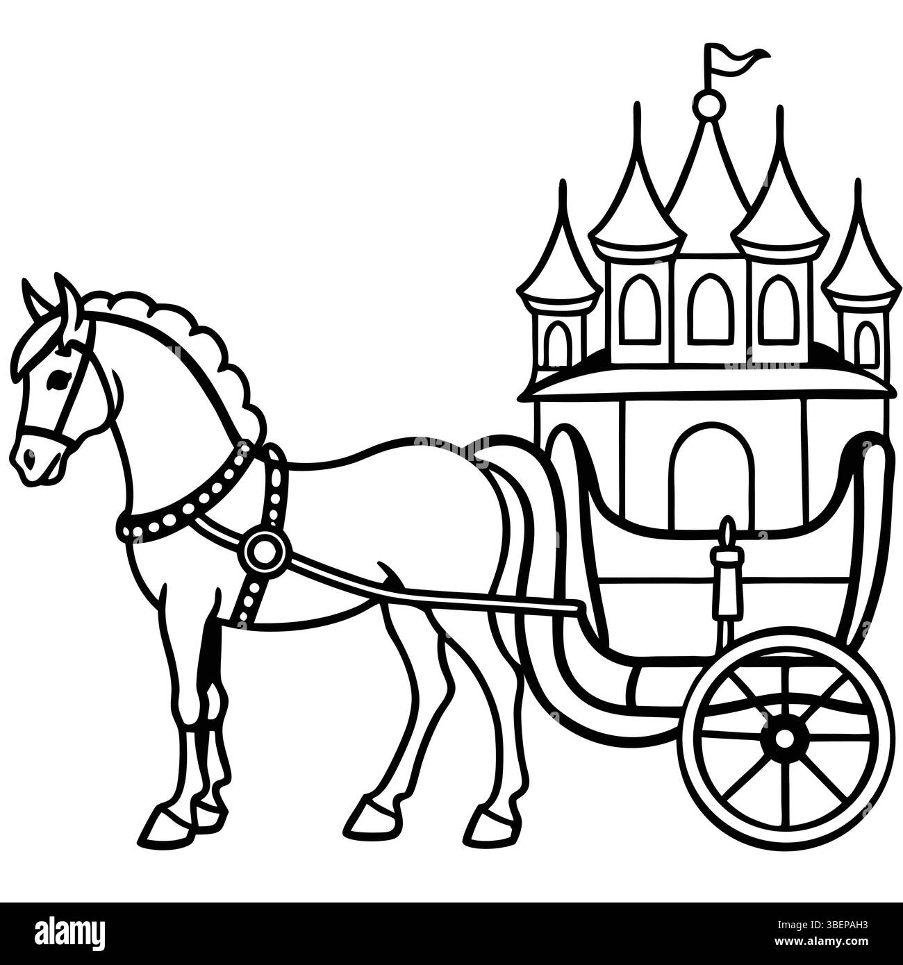 Detailed Line Art Illustration of a Horse Drawn Carriage with a Castle ...