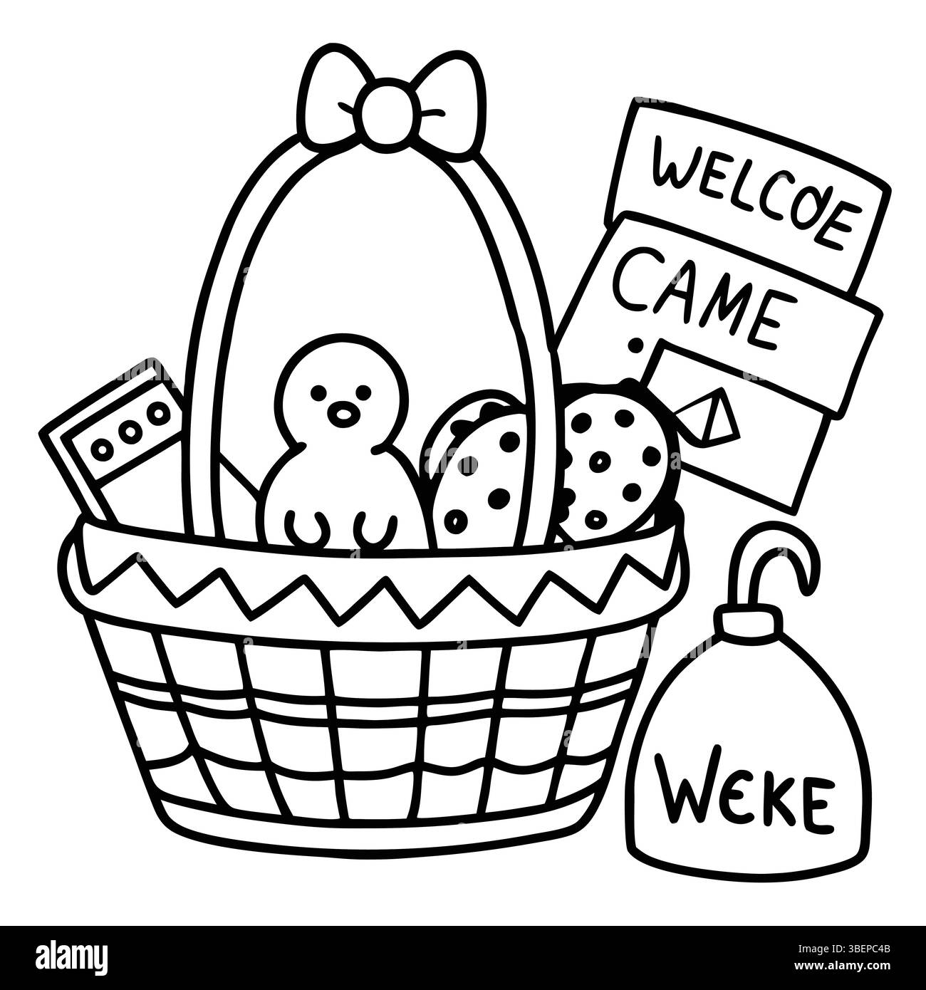 Hand drawn illustration of easter theme with eggs chicken and basket ...