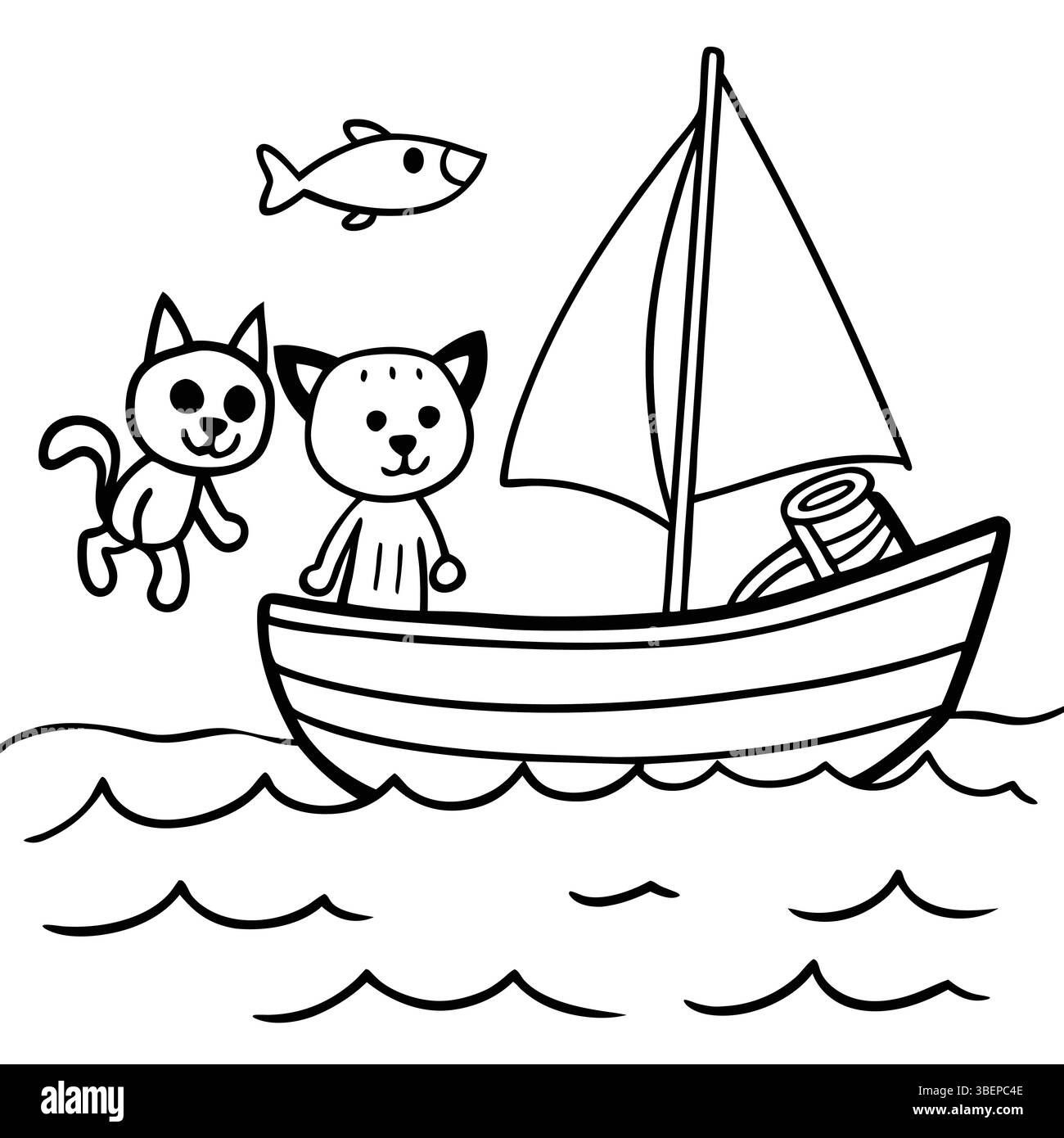 Cartoon Cats Sailing on a Boat with a Fish in the Sky Stock Vector ...