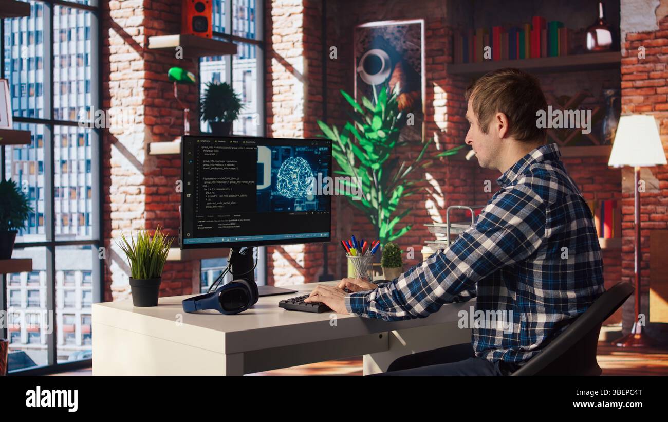 Admin using computer in home office for artificial intelligence computing simulating human brain ...