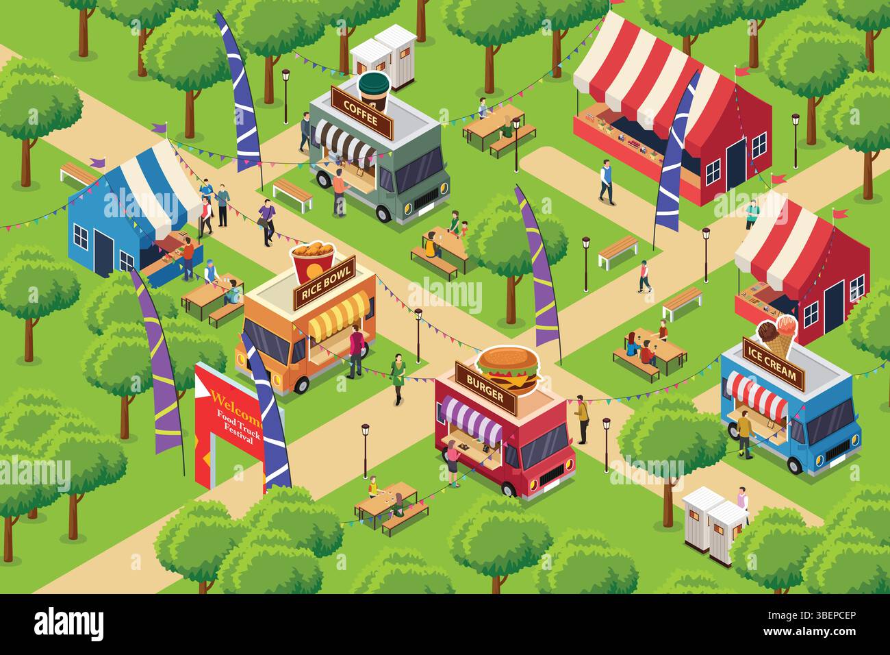 A vector illustration of Isometric Food Truck Festival Stock Vector ...
