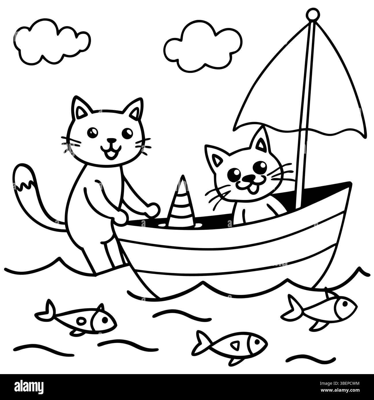 Whimsical illustration of adorable cats sailing on a boat with a fish ...