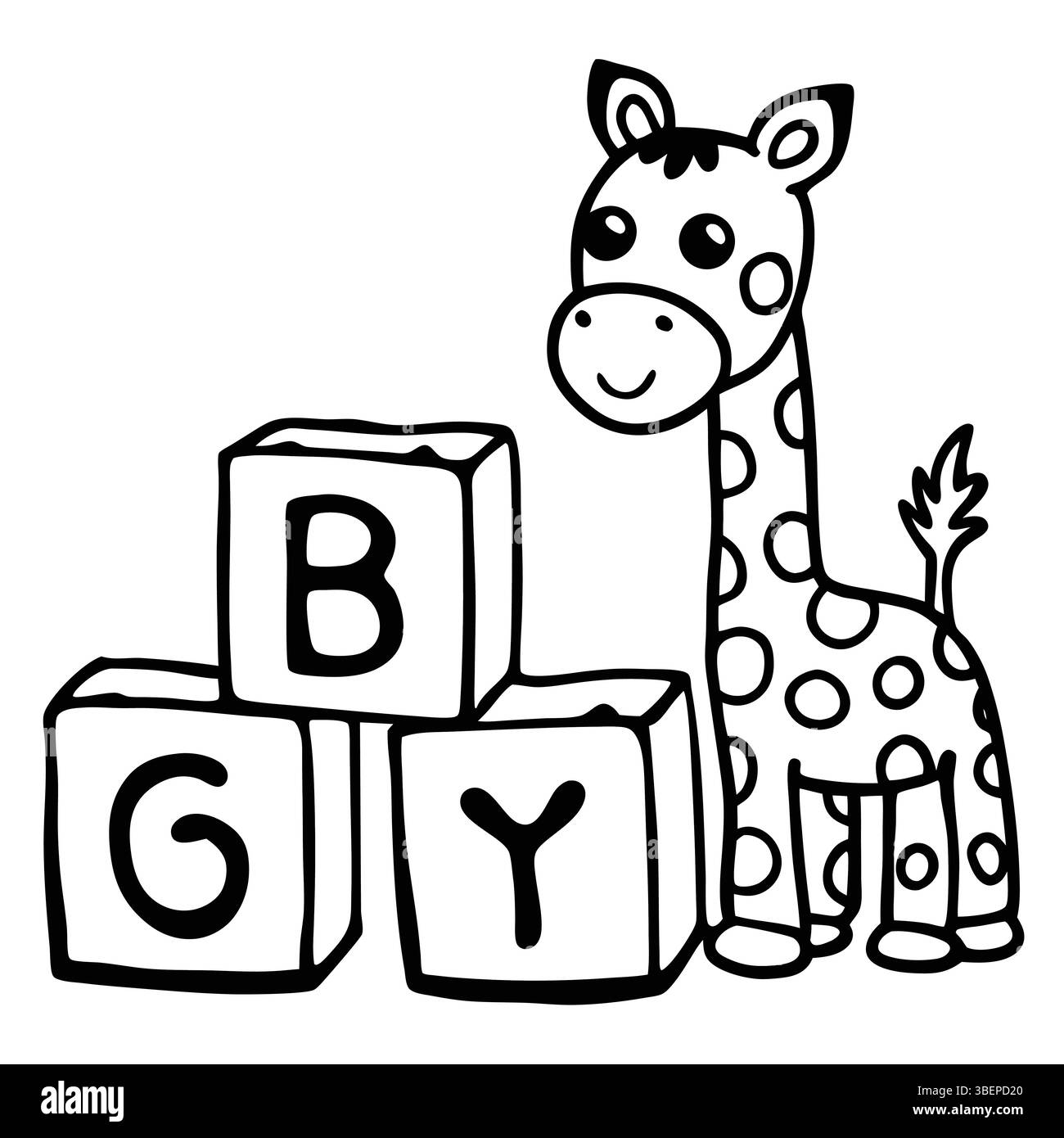 Adorable baby giraffe with spotted pattern stands near toy building ...