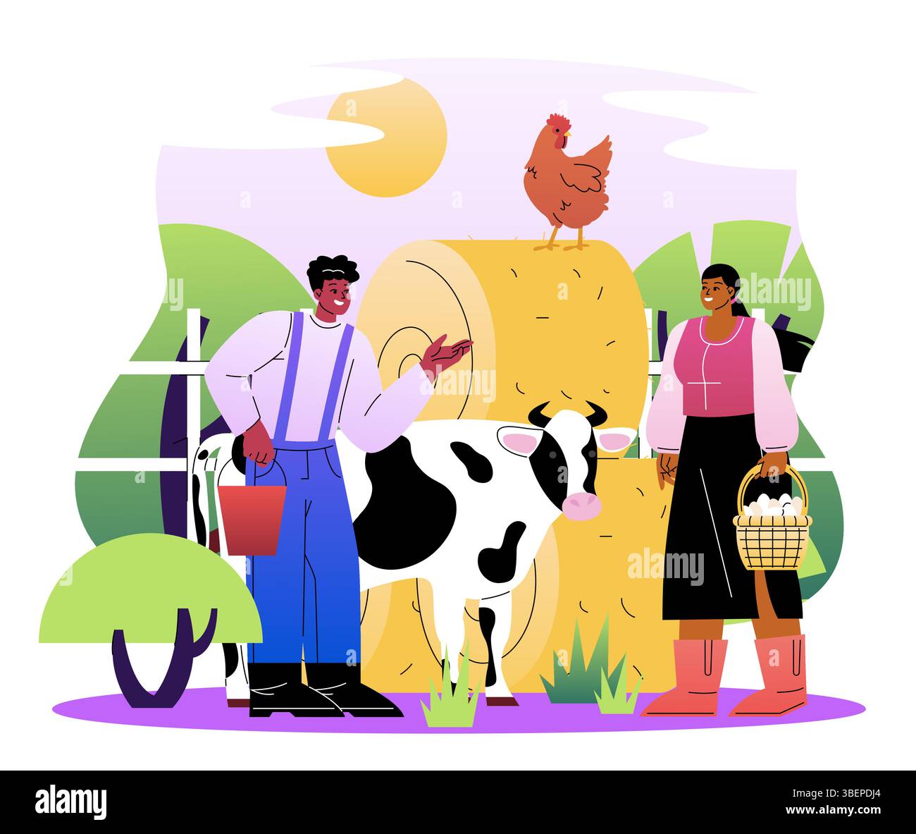 Couple of farmers. Man and woman near cow and chicken, haystack ...