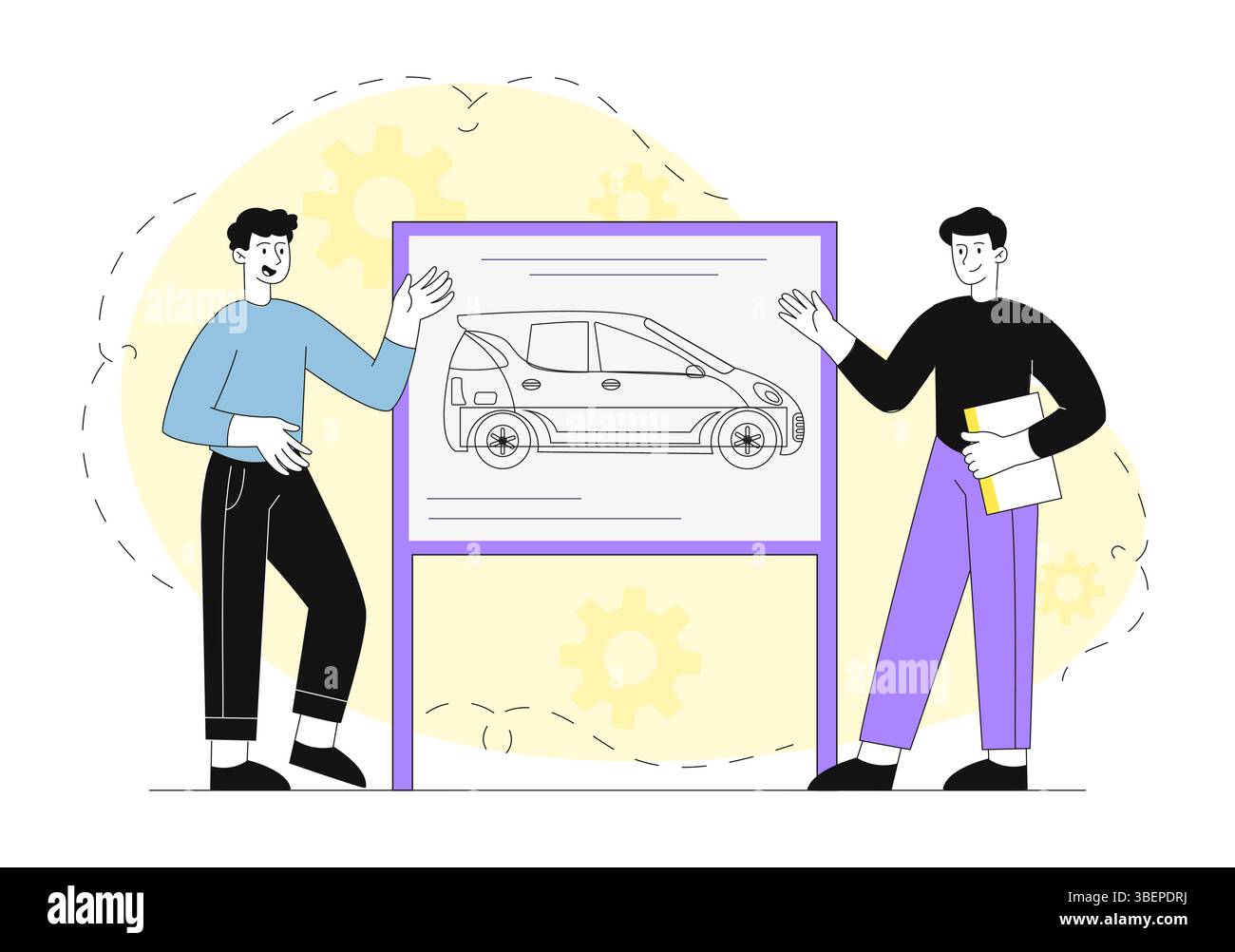 Engineers design car. Two men talking over drawing of machine ...