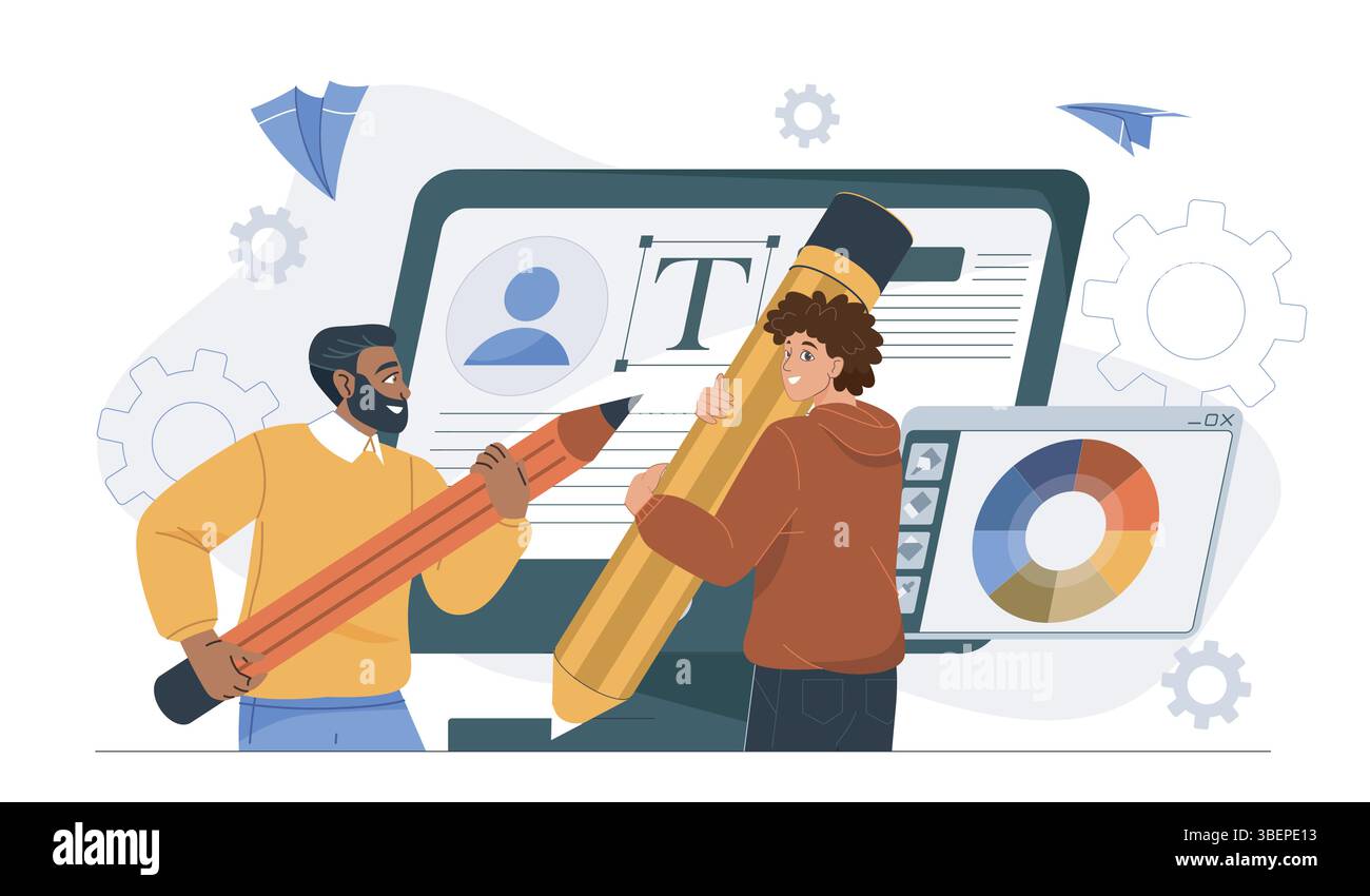 Graphic designers team. Men with pencils near computer screen. Digital ...