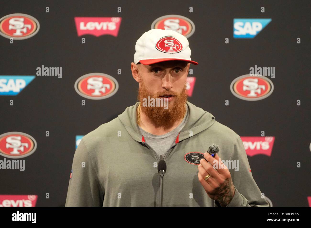 San Francisco 49ers tight end George Kittle speaks at a news conference ...