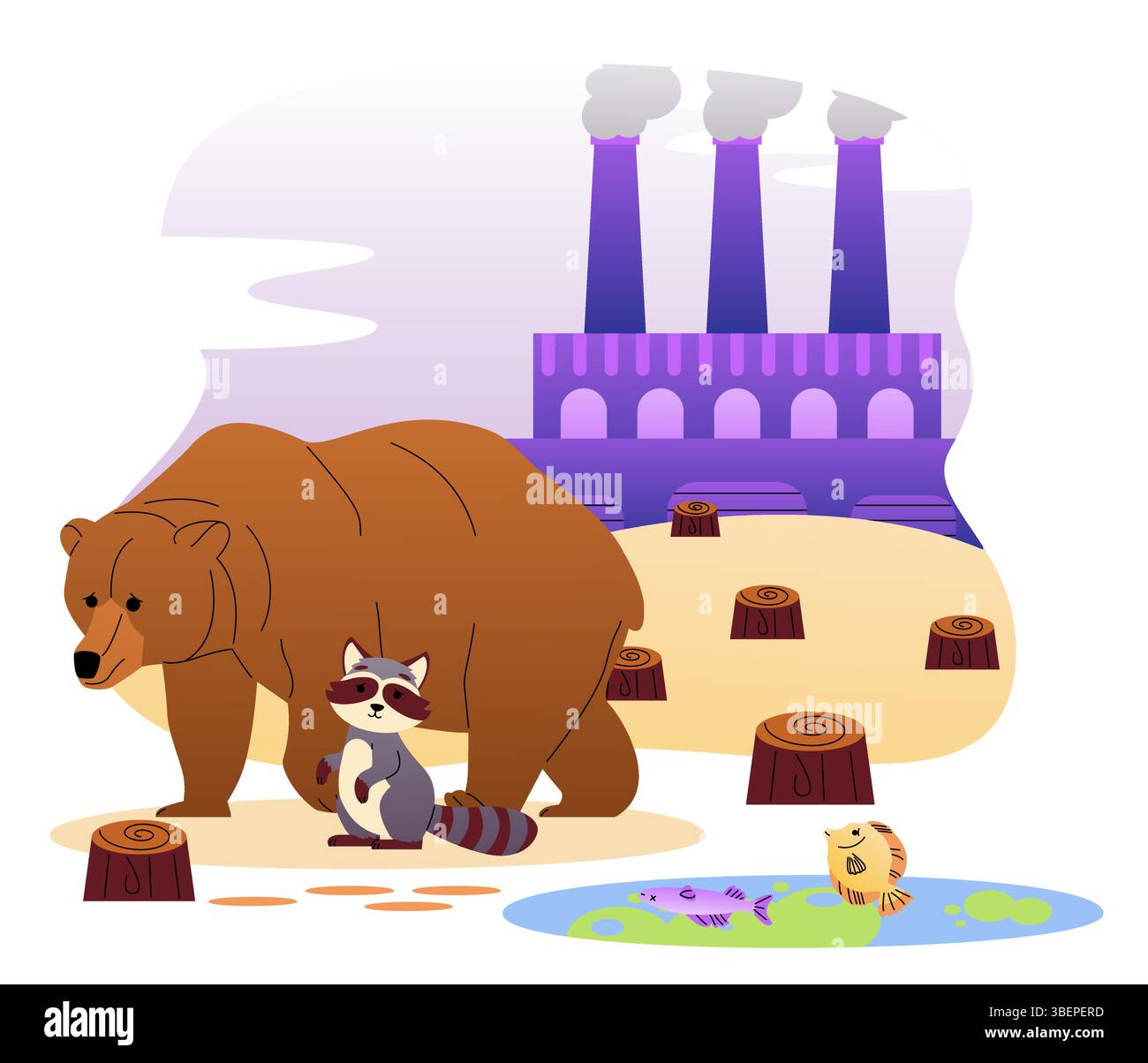 Animals suffer from polluted air. Bear, raccoon and fish in cut down ...