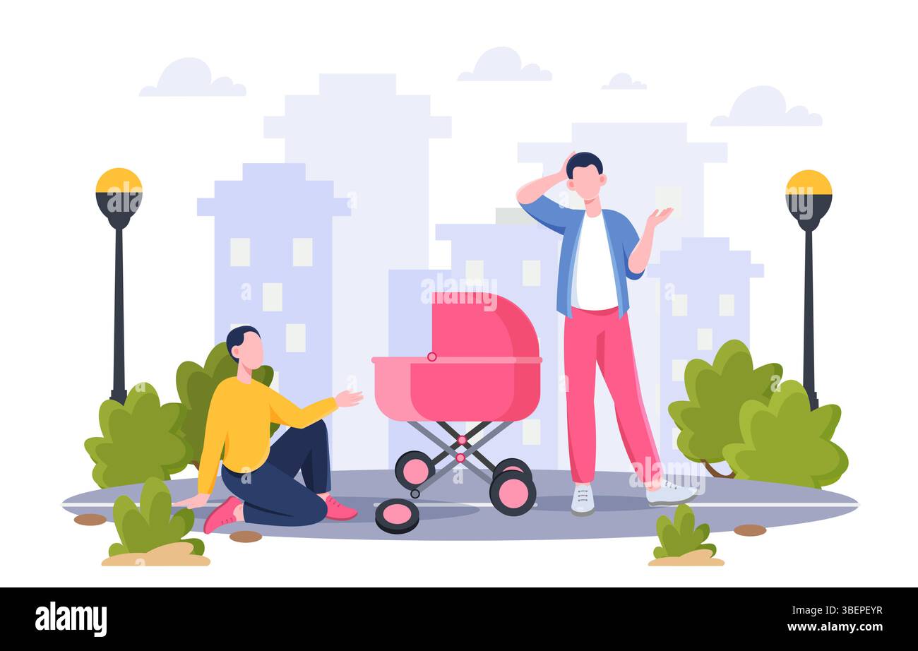 Man repairing baby stroller. Two men replacing wheels on pram. Daddy ...